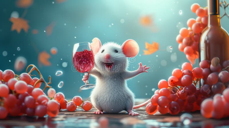 A Mouse Holding a Glass of Wine and Grapes Next To Some Grape Clusters ...