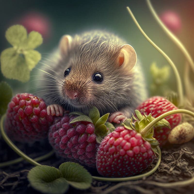 A Mouse Holds a Raspberry that is on a Table. Stock Illustration ...