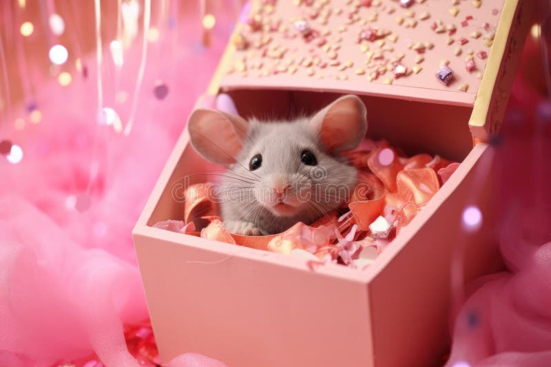 A Mouse Inside an Open Pink Gift Box Surrounded by Confetti Stock ...