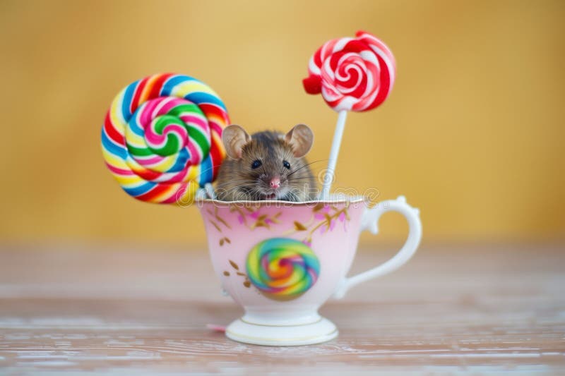 Mouse Inside a Teacup with Lollipop Handle Peeking Out Stock Image ...