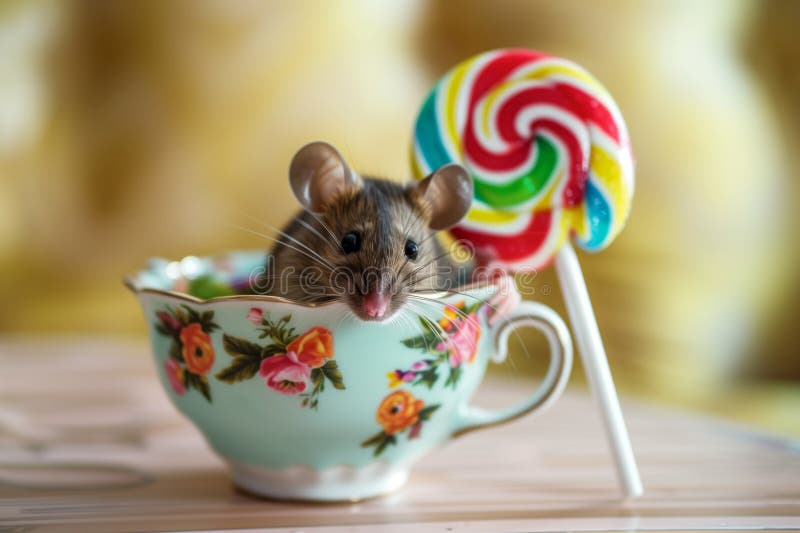 Mouse Inside a Teacup with Lollipop Handle Peeking Out Stock Photo ...