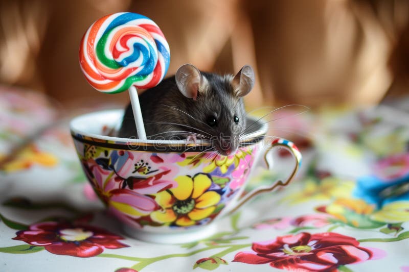 Mouse Inside a Teacup with Lollipop Handle Peeking Out Stock Image ...