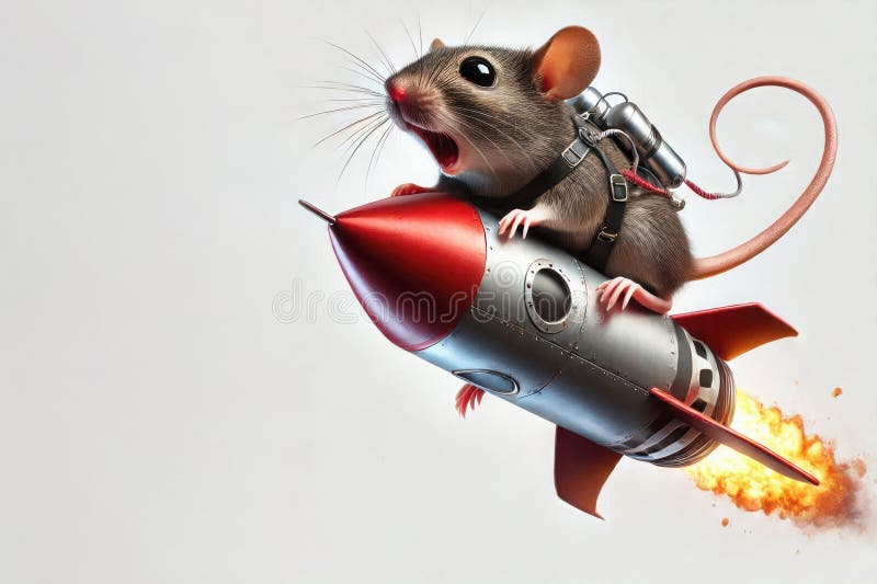 A Mouse with a Jetpack on a Flying Rocket. Space for Text. Stock Image ...