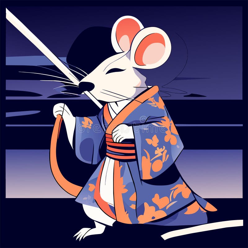 Mouse in Kimono with a Sword in His Hand, Vector Illustration ...