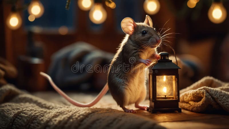Adorable Mouse with Lantern in Cozy Winter Setting Stock Illustration ...