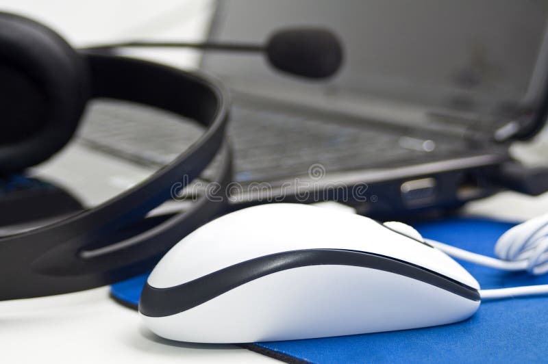 Mouse with Laptop and Headphones Stock Photo - Image of mousepad, chat ...
