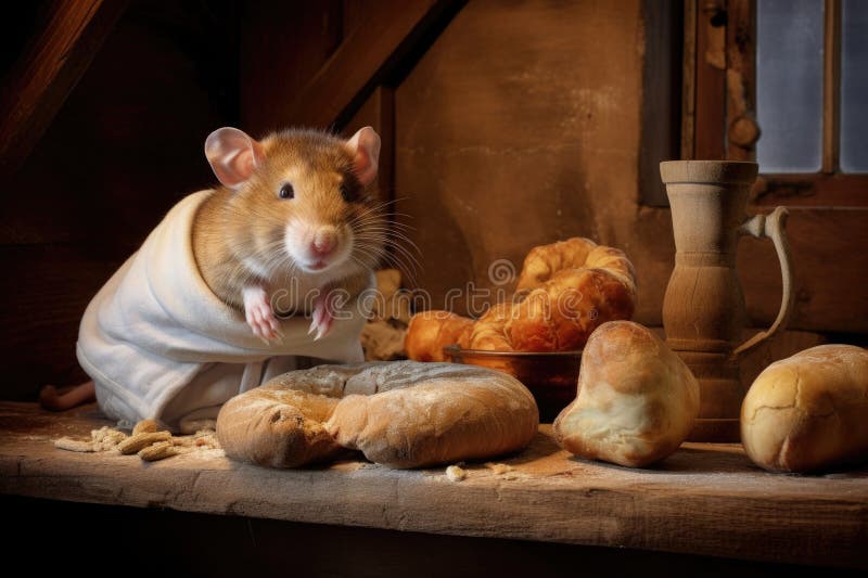 Mouse with a Loaf of Bread in Its Mouth on a Rustic Kitchen Table Stock ...