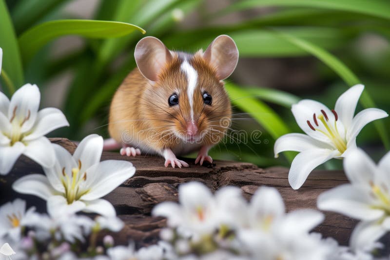 Mouse on a Log with White Lilies Around it Stock Image - Image of ...