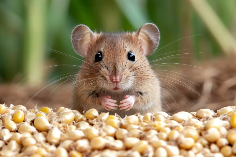 Mouse Looking at Corn Grains in Front of Green Background Stock ...