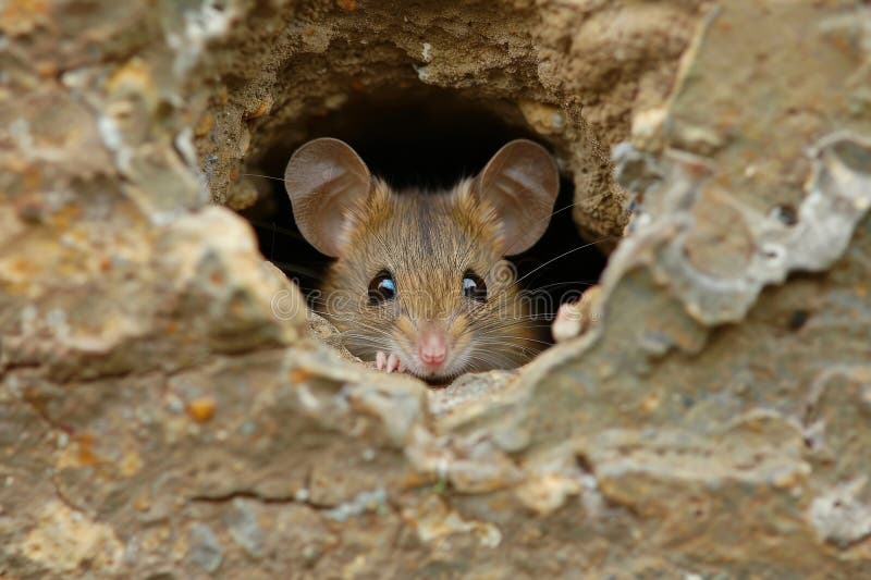 Mouse Looking Out from Hole in Concrete Surface Stock Image - Image of ...