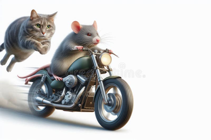 A Mouse on a Motorcycle Running Away from a Cat. Space for Text. Stock ...