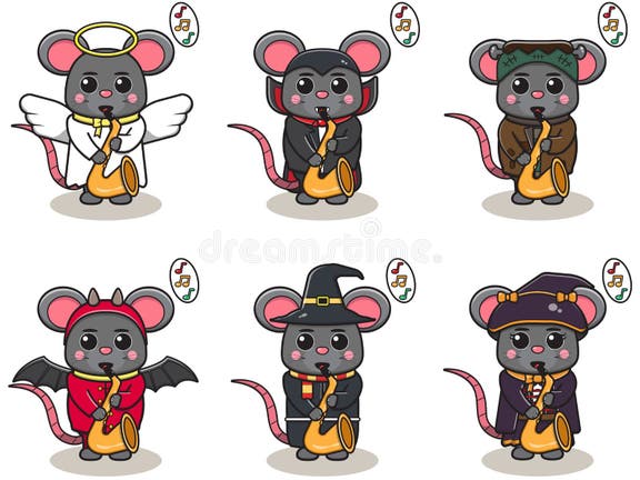 Vector Illustration of Cute Mouse with Halloween Costume Playing ...