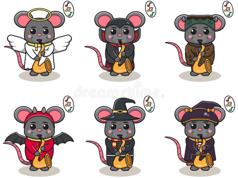 Vector Illustration of Cute Mouse with Halloween Costume Playing ...