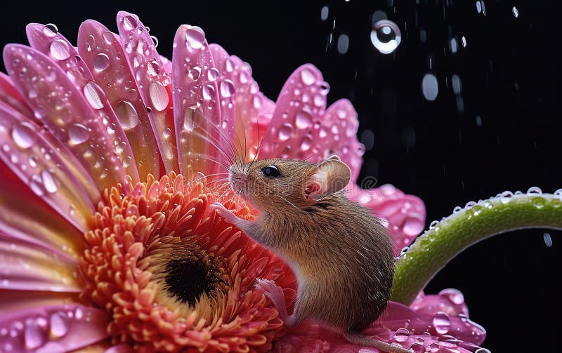 A Mouse Near a Colorful Daisy Flower in the Rain. Generative AI Stock ...