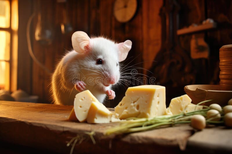 Mouse Nibbling on Cheese Left on a Rustic Wooden Kitchen Table Stock ...