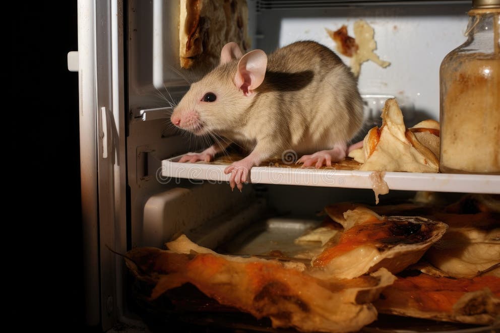 Mouse Nibbling on Leftover Pizza in an Open Fridge Stock Illustration ...