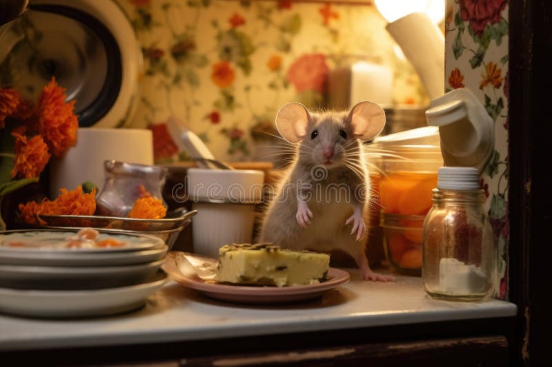 Mouse Nibbling at Leftovers on a Plate in the Fridge Stock Photo ...