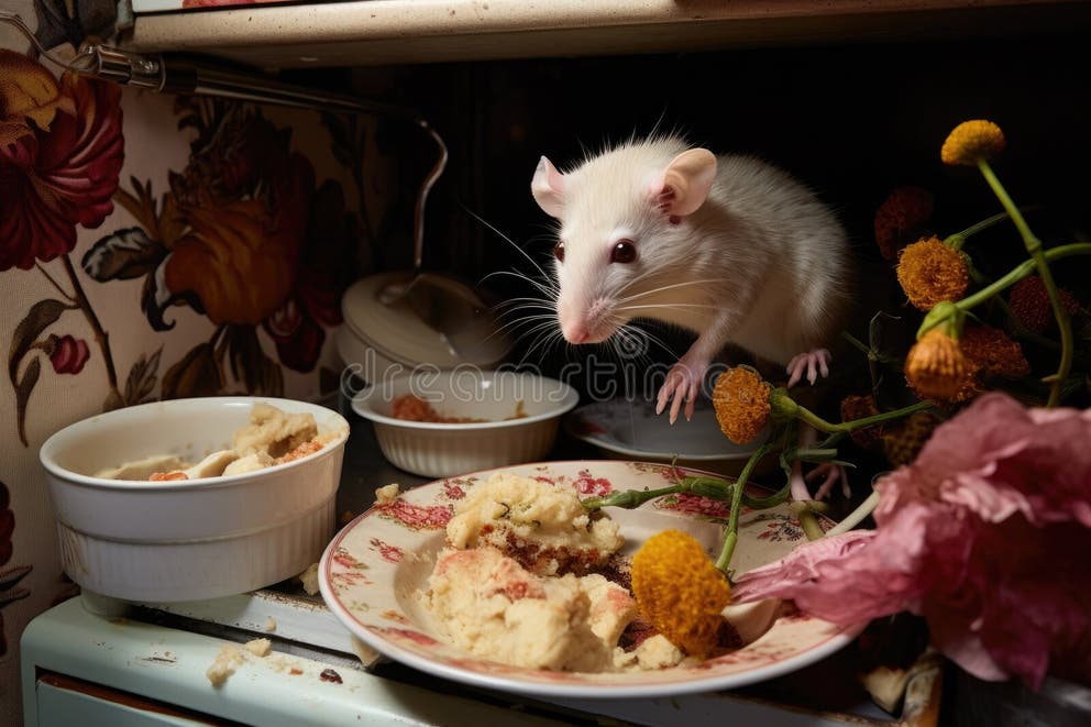 Mouse Nibbling at Leftovers on a Plate in the Fridge Stock Illustration ...