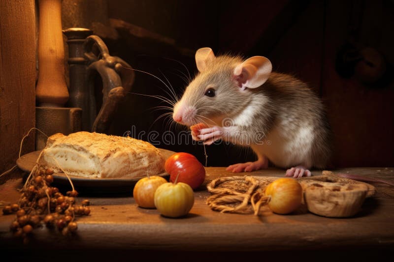 Mouse Nibbling on a Piece of Bread Left on a Rustic Kitchen Table Stock ...