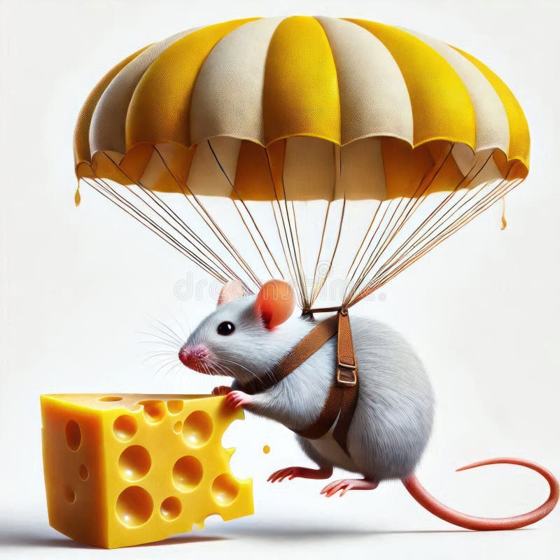 A Mouse with a Parachute Lands on a Piece of Cheese. Space for Text ...
