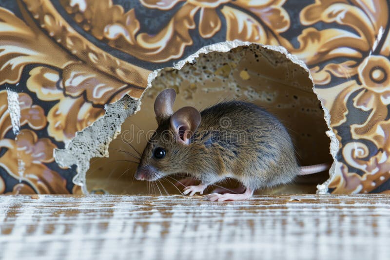 Mouse Pausing at the Edge of a Hole in a Plastered Apartment Wall Stock ...