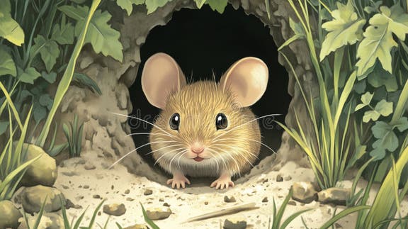 Mouse Peeking from Burrow, Surrounded by Grass and Foliage Stock Image ...
