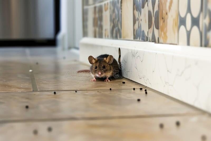 Mouse Peeking Out from Baseboard Hole in Modern Kitchen Stock Photo ...