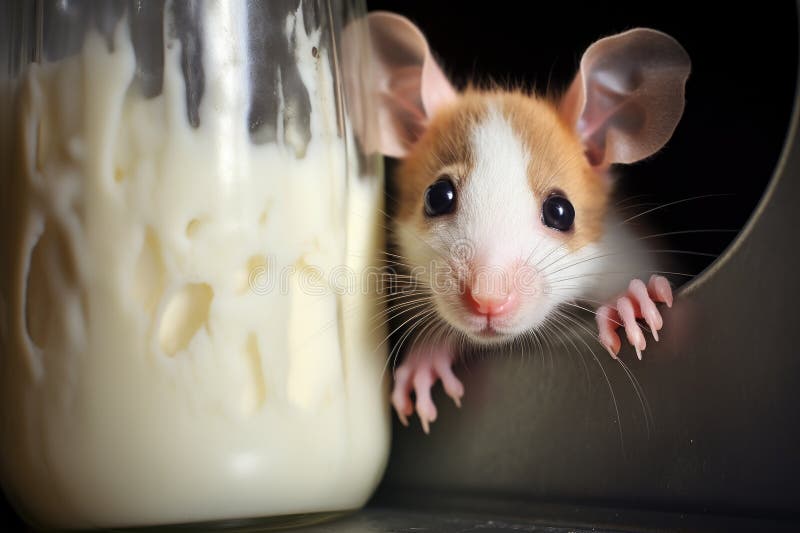 Mouse Peeking Out from Behind a Milk Bottle in the Refrigerator Stock ...