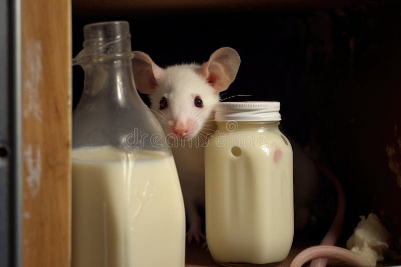 Mouse Peeking Out from Behind a Milk Bottle in the Refrigerator Stock ...