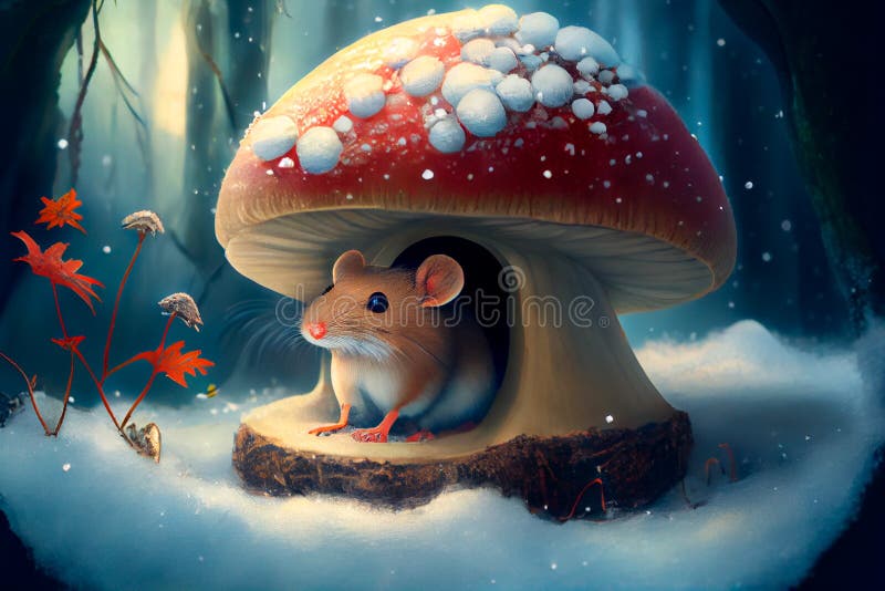A Mouse Peeks Out of Its Mushroom-shaped House in Winter Stock Image ...