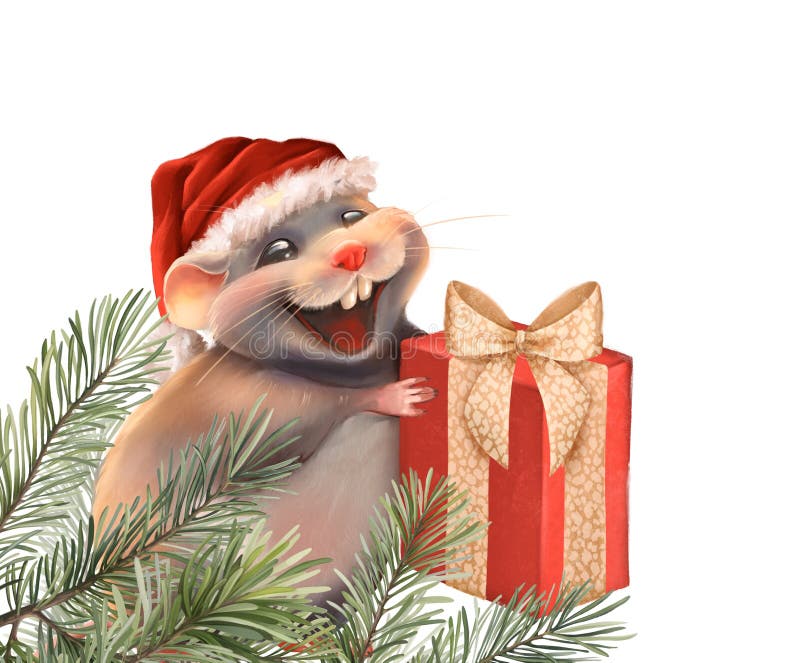 Mouse with Present. Hand Drawn Christmas Illustration. Stock ...