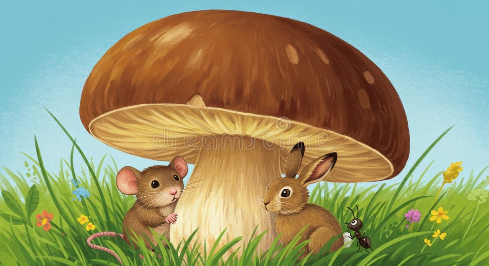 Mouse, Rabbit, and Ant Gathering Under Mushroom Stock Image - Image of ...