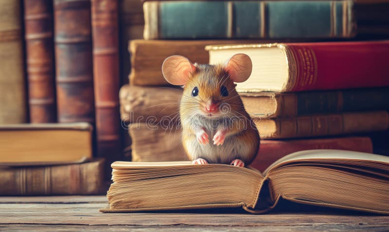 A Mouse is Reading a Book in Front of Some Stones, AI Stock Image ...