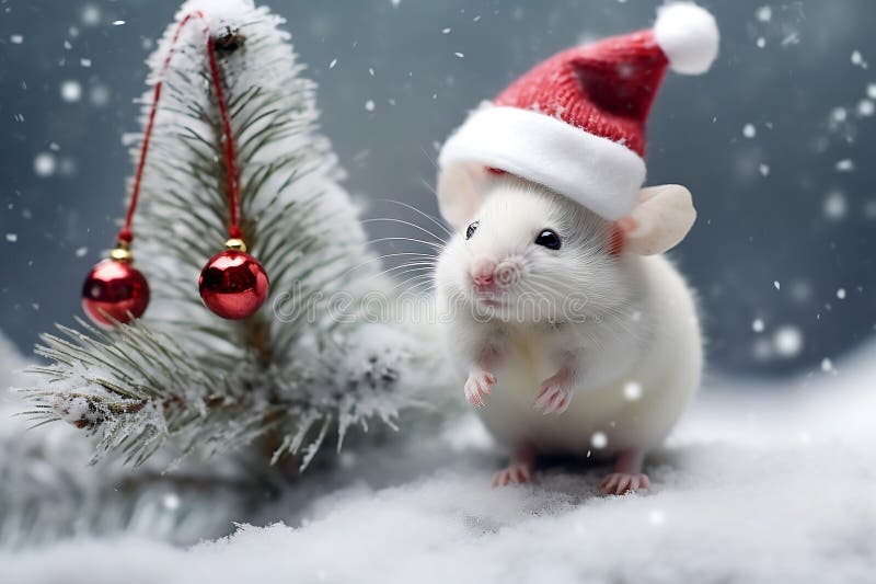 A Mouse in a Santa Claus Hat Near the Christmas Tree Stock Illustration ...
