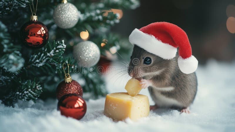 A Mouse in a Santa Hat Eats Cheese Under a Christmas Tree Stock ...