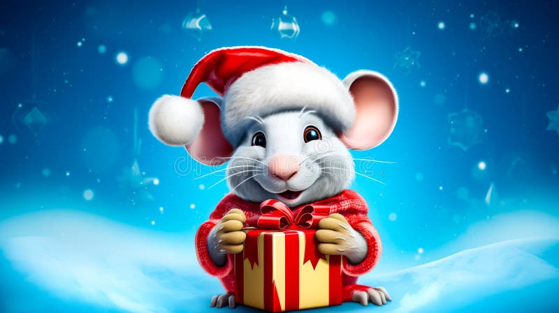 Mouse in Santa Hat Holding Gift Box with Red Bow. Generative AI Stock ...