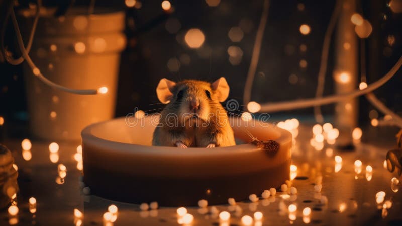 A Mouse is Sitting in a Bowl with Lights in the Background. Generative ...