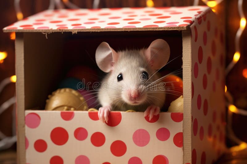 Mouse Sitting Inside a Polka-dotted Open Gift Box on a Wooden Table ...