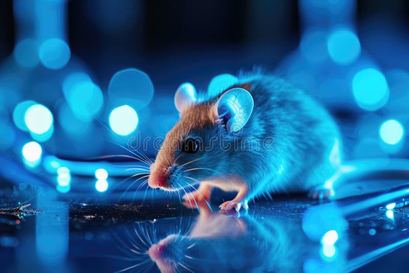 A Mouse Sitting on Top of a Table Covered in Blue Lights, Laboratory ...