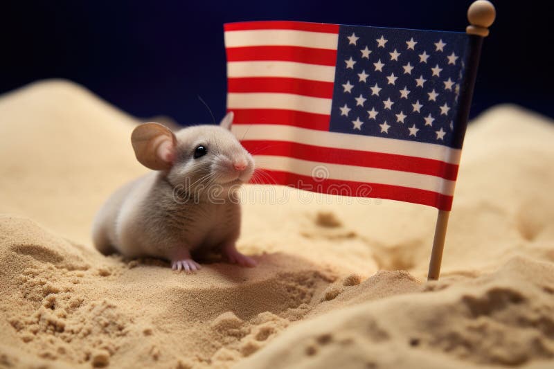 Mouse with a Small American Flag on a Sandy Surface, Mimicking Moon ...