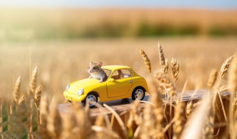 A Mouse on a Small Yellow Car Drives through a Wheat Field Stock ...