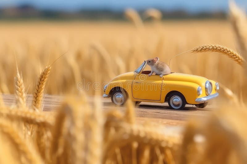 A Mouse on a Small Yellow Car Drives through a Wheat Field Stock ...