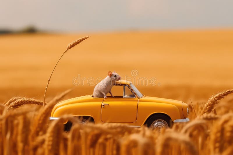 A Mouse on a Small Yellow Car Drives through a Wheat Field Stock ...