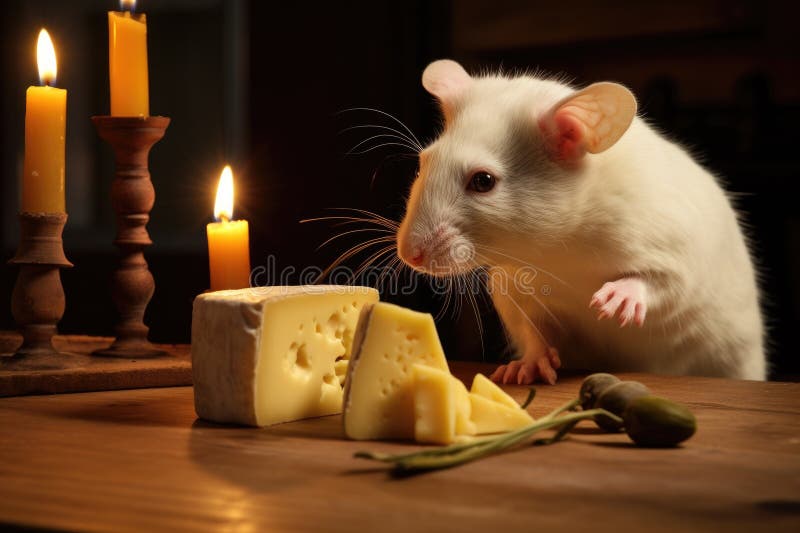 Mouse Sniffing a Piece of Cheese on a Board on the Table Stock Image ...