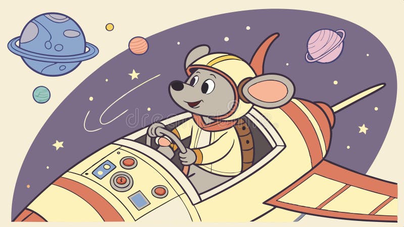 Mouse in Spaceship Over Planet, Planetary Exploration Design Vector ...