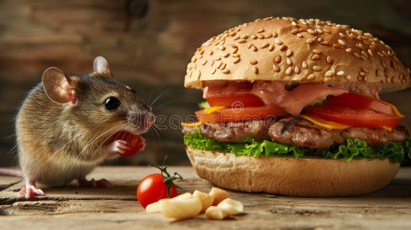 The Mouse is Standing by the Burger. Generative AI. Stock Illustration ...