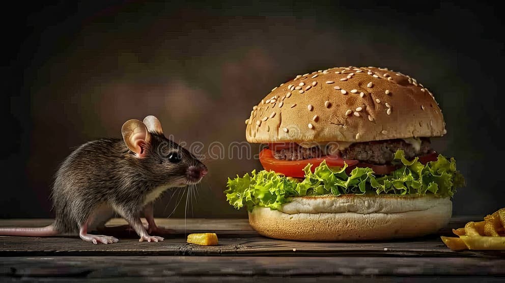The Mouse is Standing by the Burger. Generative AI. Stock Illustration ...