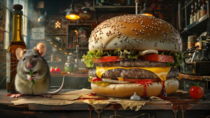 The Mouse is Standing by the Burger. Generative AI. Stock Illustration ...