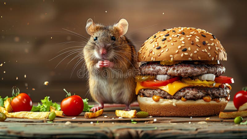 The Mouse is Standing by the Burger. Generative AI. Stock Illustration ...