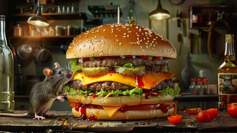 The Mouse is Standing by the Burger. Generative AI. Stock Illustration ...